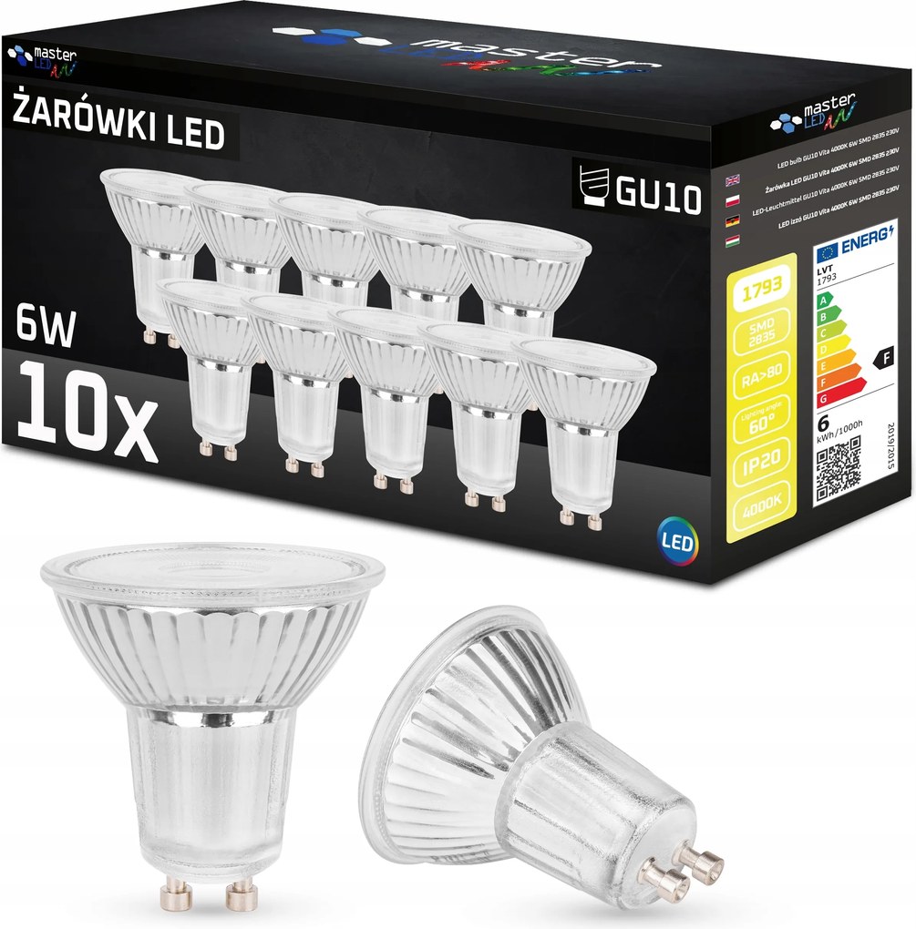 10x Led žárovka GU10 6W neutrální bílá 4000K DIMM Silná Stmívatelná