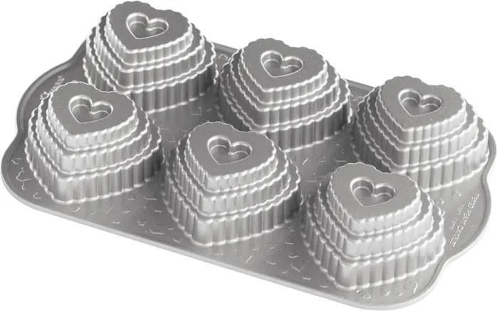 Nordic Ware Forma na 6 vrstvených srdíček Tiered Heart stříbrná 6 x 120 ml