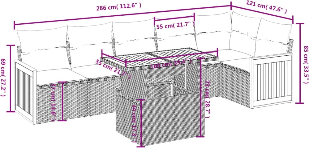 7dílná zahradní sedací souprava s poduškami šedá polyratan 3273972