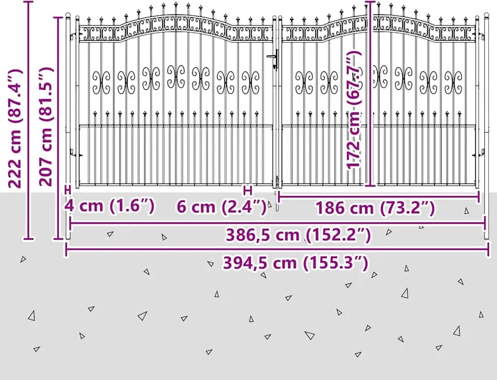Plotová branka KAMPEN s kopím nahoře černá 394,5 x 172 cm ocel 151103