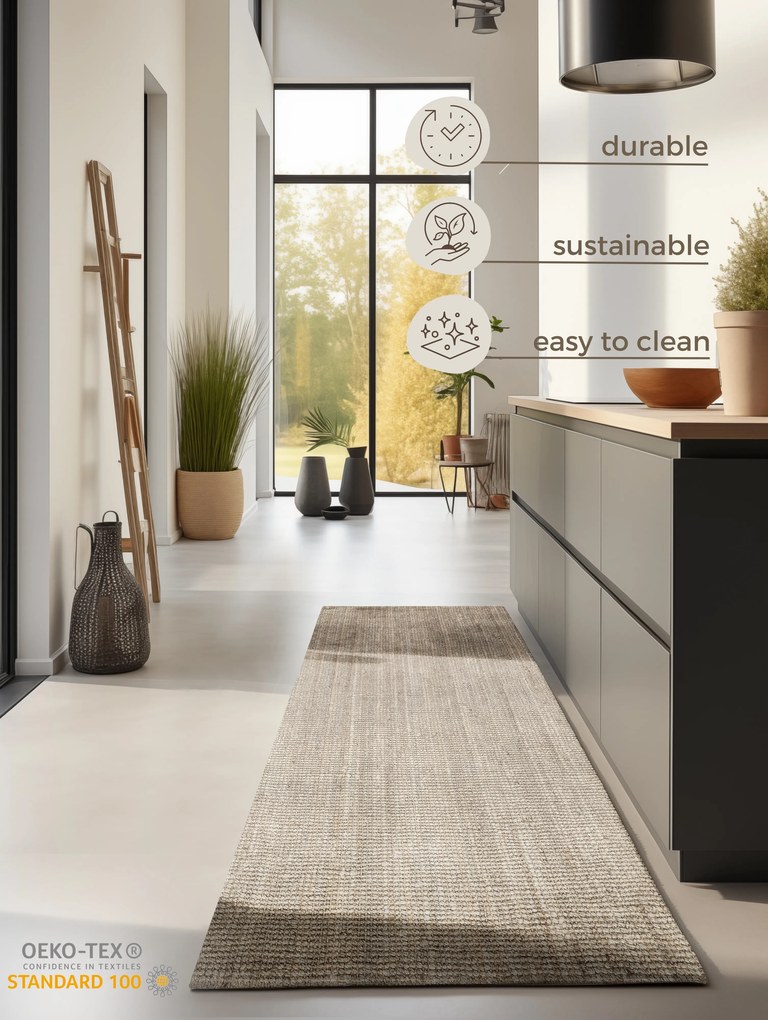 Hanse Home, Koberec běhoun Bouclé Jute 105973 Ivory White, 80x200, béžová, chodba / předsíň