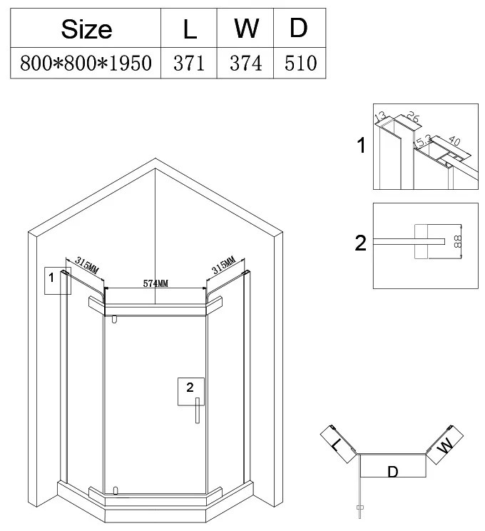 BPS-koupelny Pětiúhelníkový sprchový kout HYD-PK91A 80x80 černá/transparent - bez vaničky