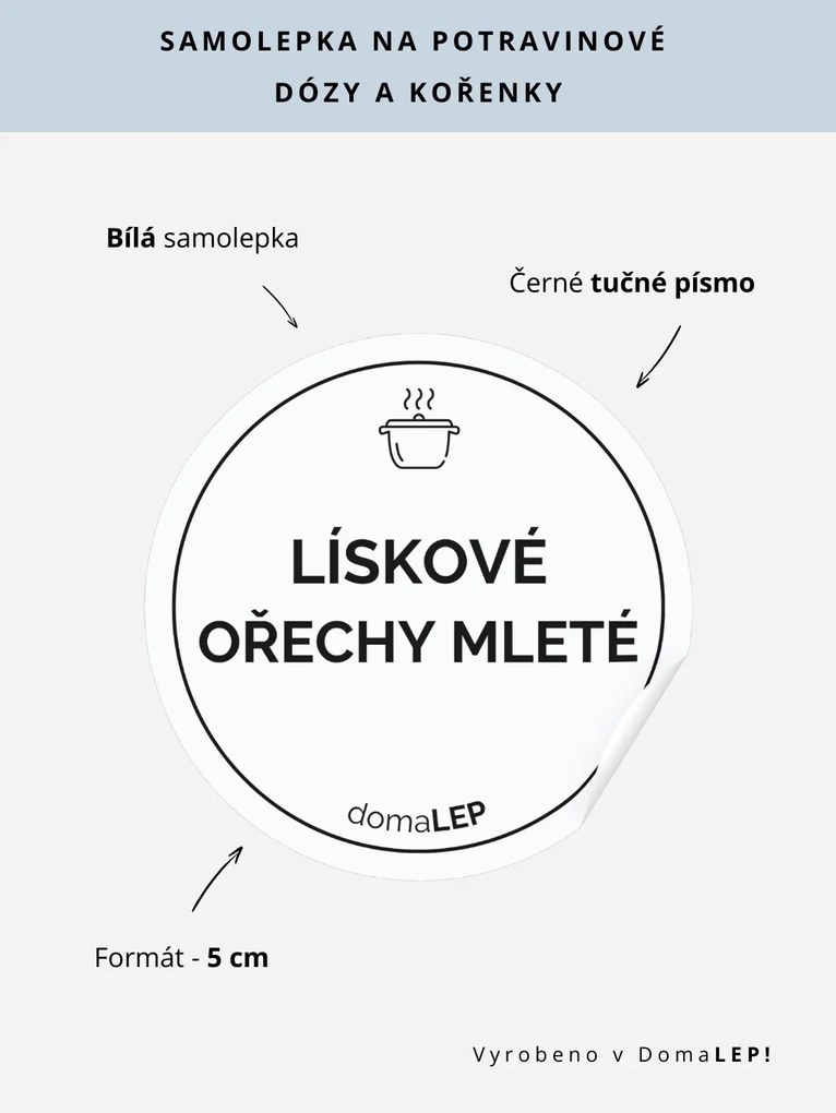 LÍSKOVÉ OŘECHY – bílá samolepka na dózu, tučné písmo, 5 cm | DomaLEP