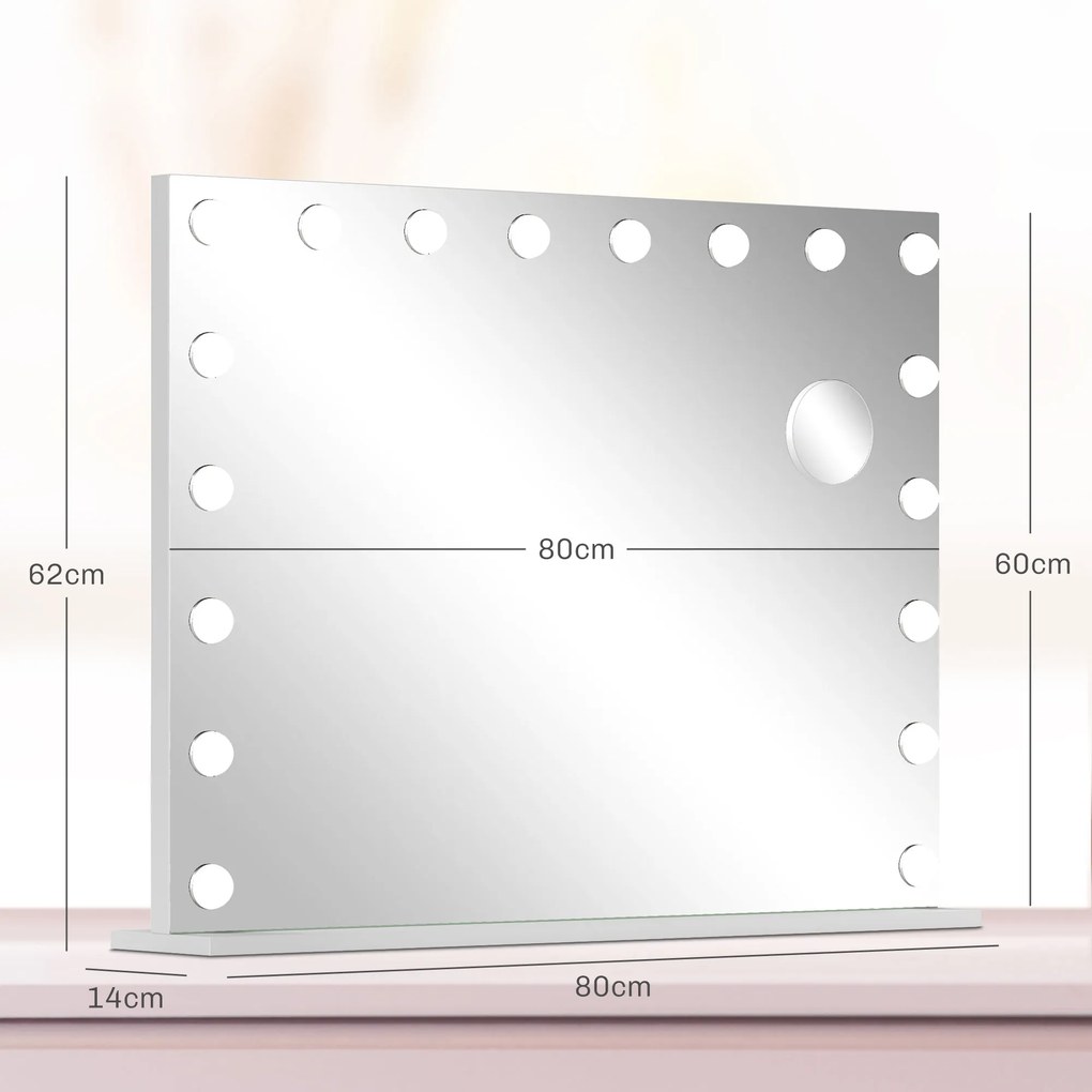 HOMCOM Hollywood Mirror s 18 LED diodami Make-up Mirror 80x60 cm Toaletní zrcadlo se 3 barvami světla, nastavitelný jas
