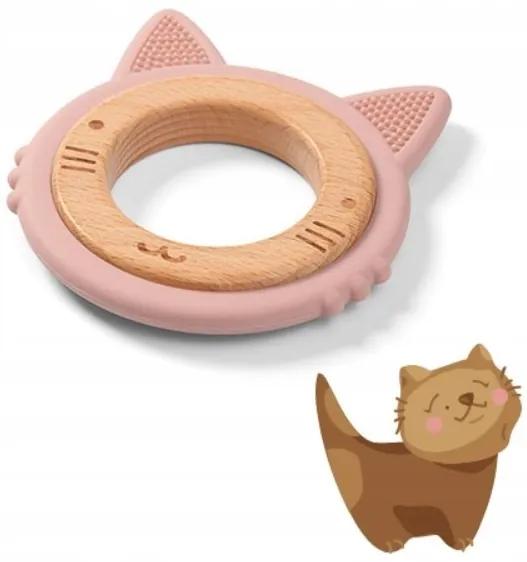 Dřevěné, silikonové kousátko BabyOno - Kočička, pudrové