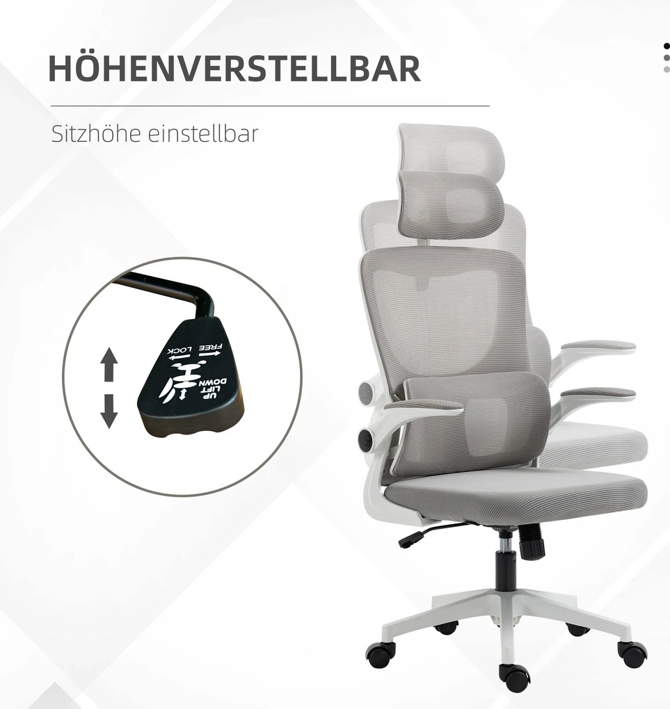 Ergonomická kancelářská židle Vinsetto, pracovní židle s nastavitelnými opěrkami, opěrkou hlavy, naklápěcí funkcí, výškově nastavitelná otáčecí židle…