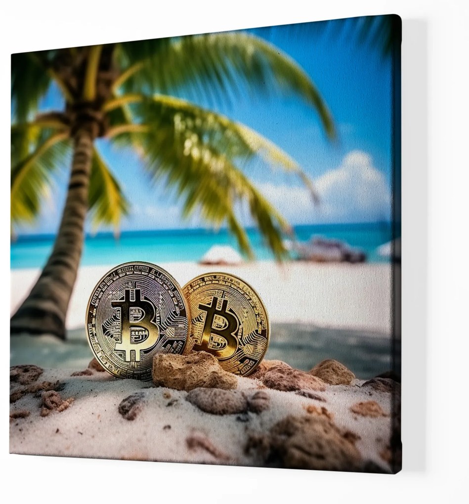 Obraz na plátně - Bitcoin, tropická pláž s palmou FeelHappy.cz Velikost obrazu: 100 x 100 cm