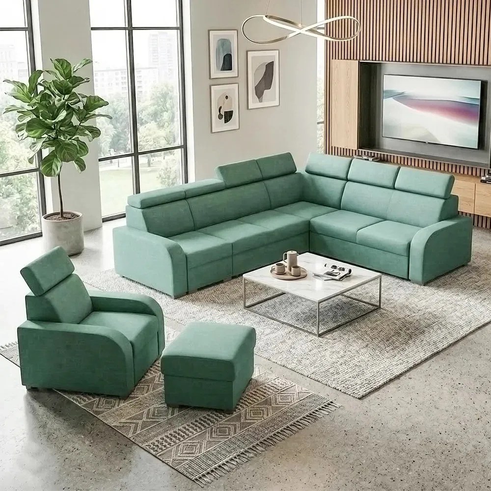 Sedací souprava OSLO L + křeslo + taburet | 315x250 | rozkládací + 2x úložný prostor | VÝBĚR TKANIN