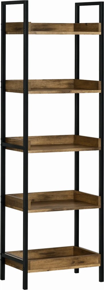 HOMCOM Knihovna v industriálním stylu s 5 policemi, Dřevěná a kovová knihovna pro domov a kancelář, 48x30x155cm, Rustikální hnědá | Aosom