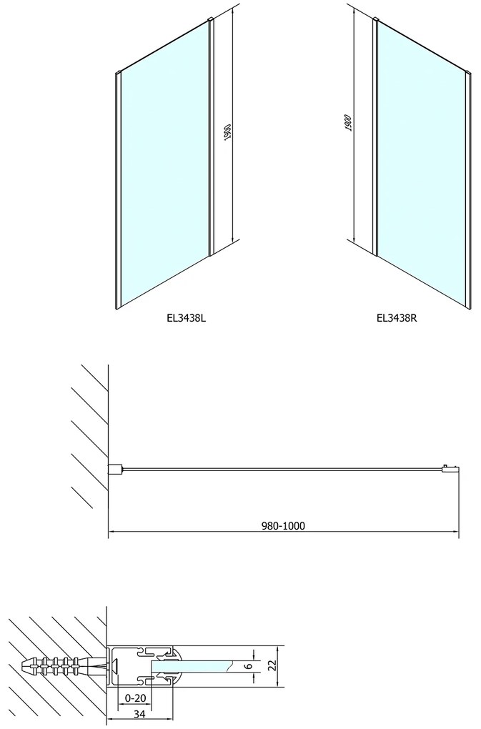 Polysan EASY LINE boční stěna 1000mm, sklo BRICK EL3438