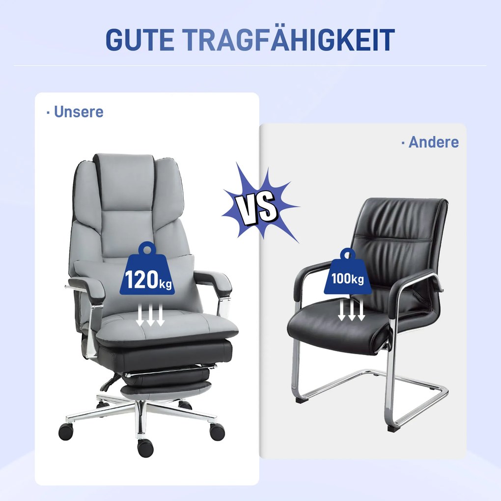 Kancelářská židle HOMCOM s houpací funkcí, nosnost 180 kg, ergonomická, 160° sklopný opěrák, koženka, 63Š x 71D x 123-129V cm, světle šedá