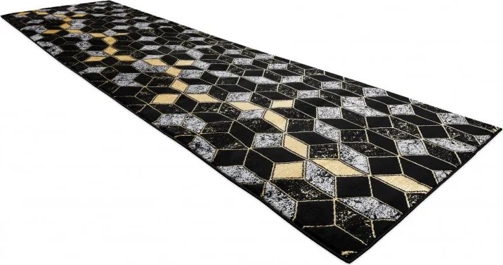 Dywany Łuszczów, Běhoun Gloss 400B 86 3D geometric black/gold, 60x300, černá, obývací pokoj