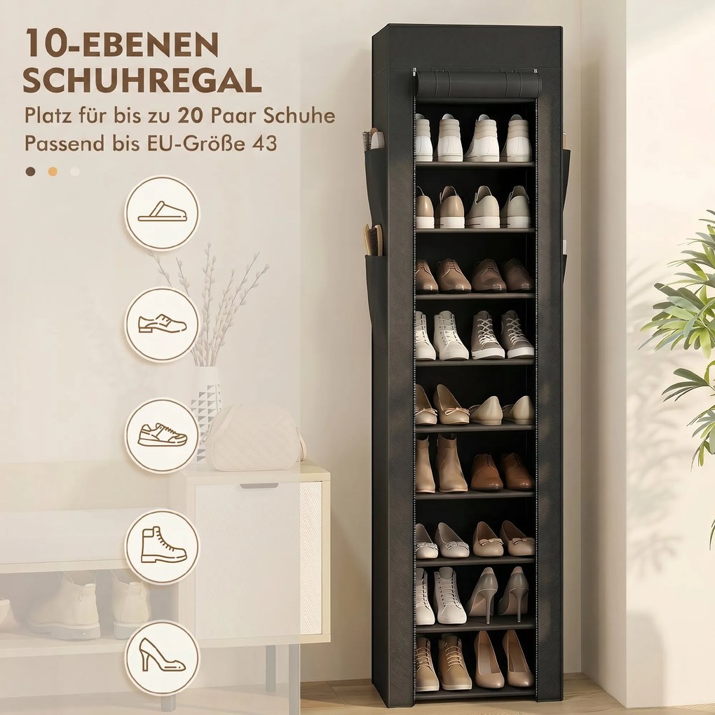 HOMCOM 10patrový úzký kovový botník s ochranným krytem proti prachu – pro 20 párů, 45 × 30 × 175 cm, černý