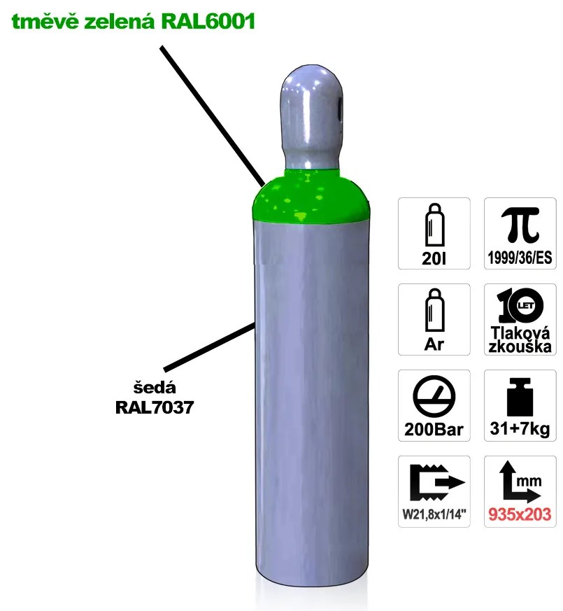 KOWAX Láhev ARGON 20 l, 200 bar, W21,8x1/14 PLNÁ