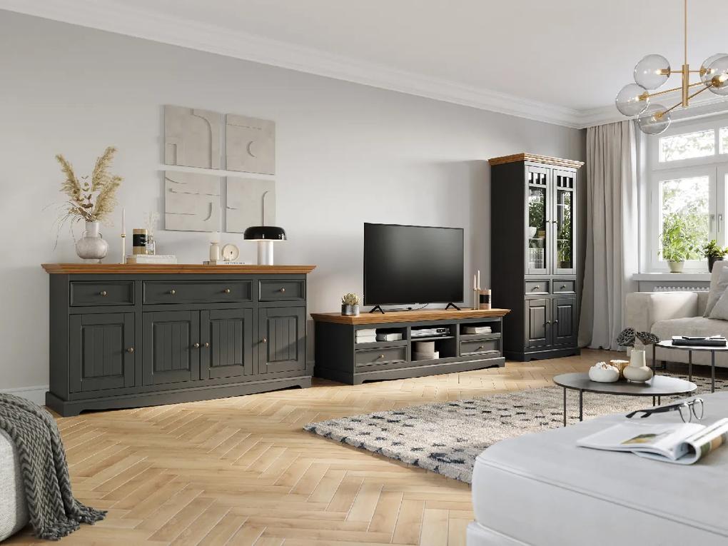 Bílý nábytek TV stolek Belluno Elegante, velký, dekor šedá-zlatý dub, masiv, borovice