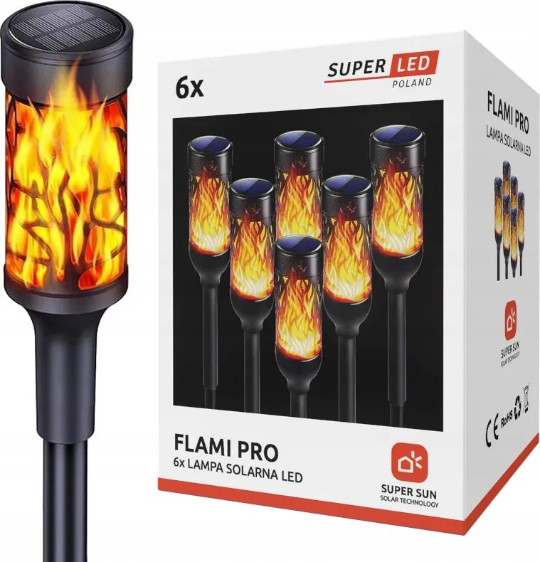 Sada 6 x Solární lampa Pochodeň Plamen zapichovací