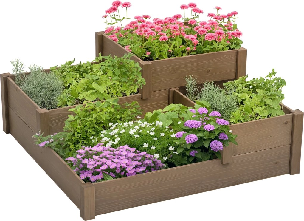 Zvýšený záhon Outsunny s 3 úrovněmi, květinová bedna pro bylinky na terase a balkoně, jedlové dřevo, hnědá, 122 x 122 x 51 cm | Aosom