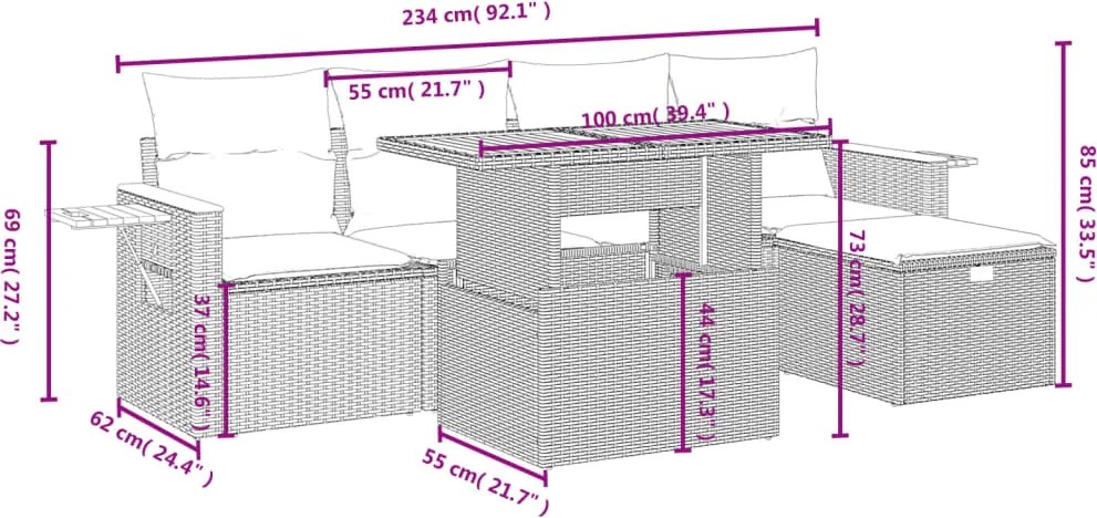6dílná zahradní sedací souprava s poduškami černá polyratan 3276136