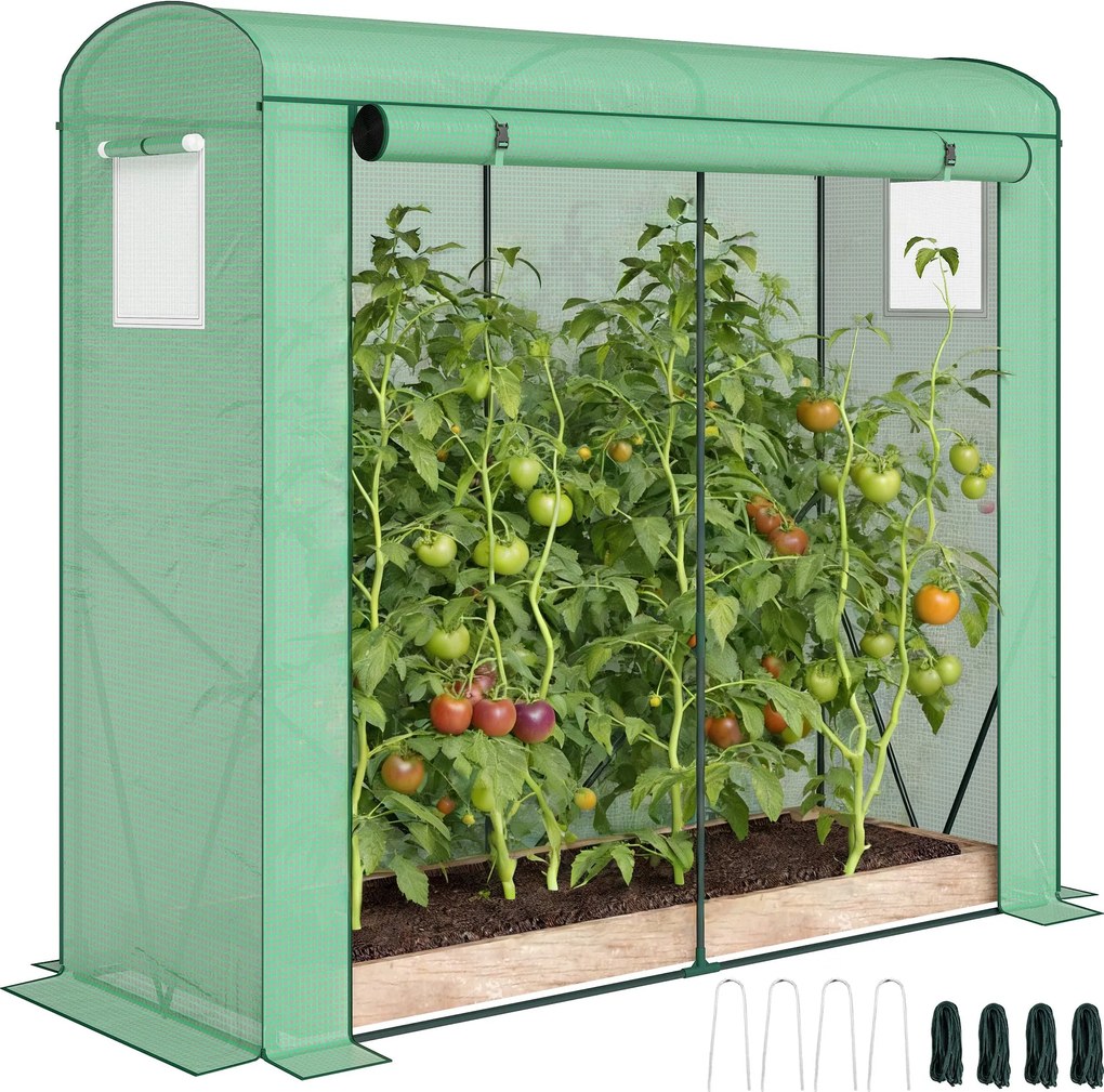 Skleníček Outsunny se síťovanými okny a rolovacími dveřmi, ocelový rám, PE kryt 140 g/m², 200 × 75 × 188 cm — ideální pro rajčata, zeleninu a květiny