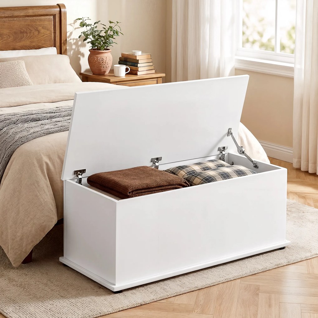 HOMCOM Dřevěný Úložný Truhlicový Otoman s Víkem pro Uložení v Ložnici a Obývacím Pokoji, Nosnost 120 kg, 100x40x40 cm, Bílý