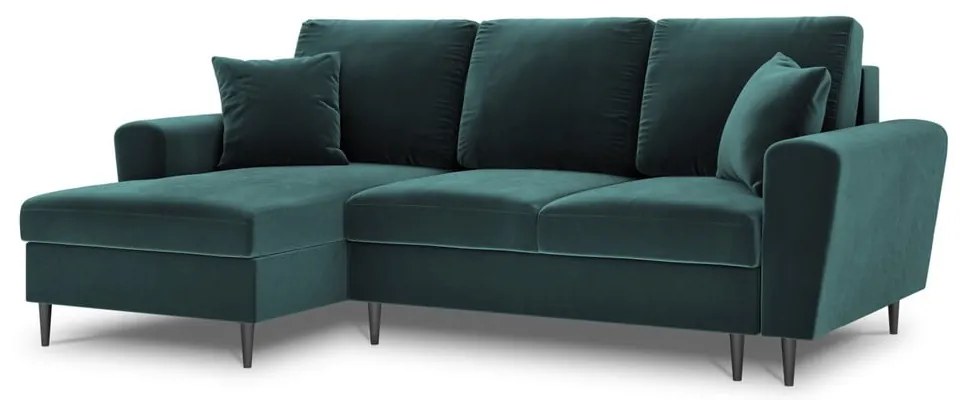 Sametová rozkládací/s úložným prostorem rohová pohovka v petrolejové barvě (levý roh/s lenoškou) Kyoto – Cosmopolitan Design