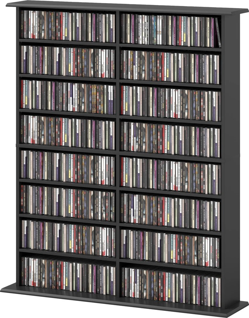 HOMCOM Moderní Knihovna s 16 Policemi pro 720 CD, Držák na CD z Dřevotřísky, 106,5x24x123,7 cm, Černá | Aosom