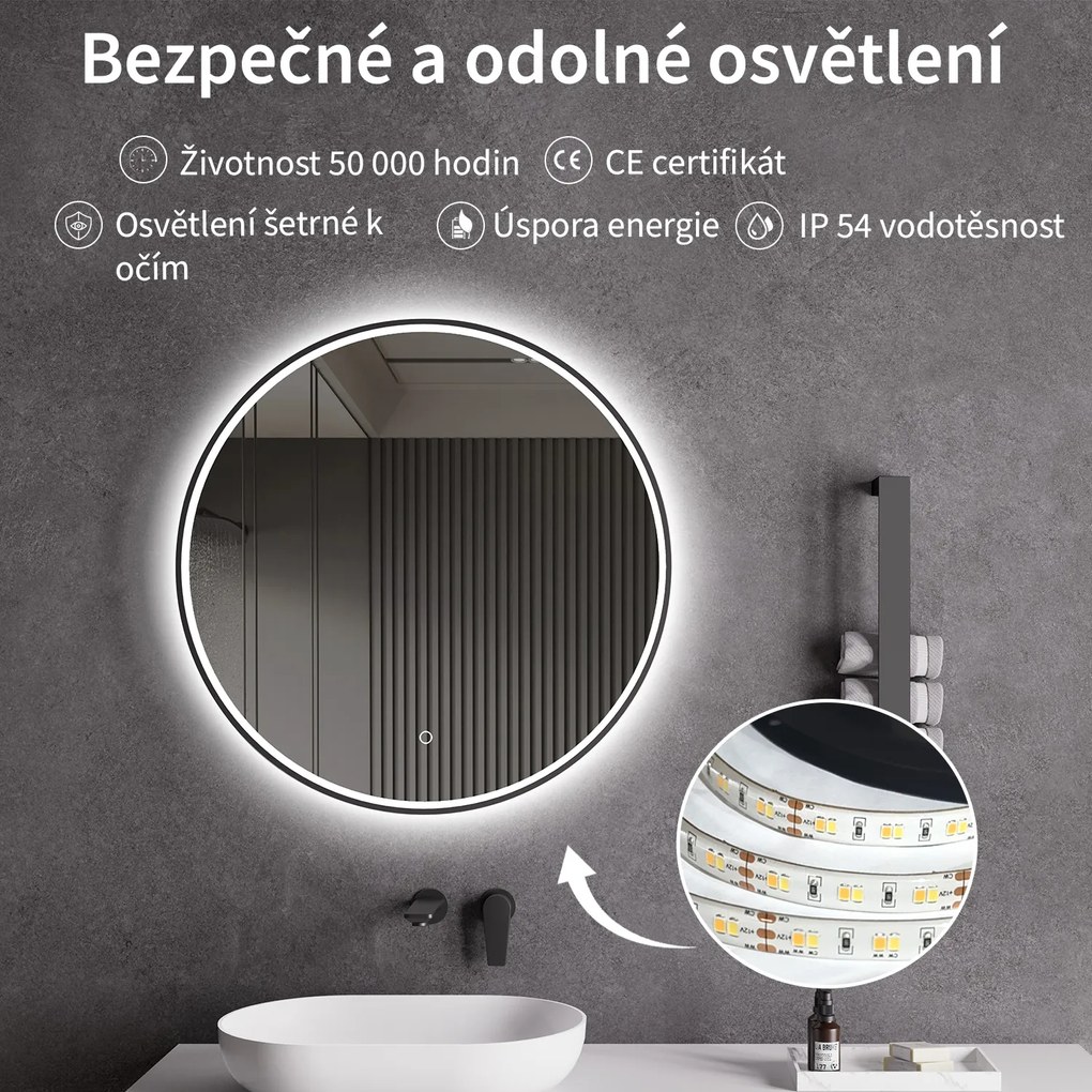 CERANO - Koupelnové LED zrcadlo Vito, kovový rám - černá matná - Ø 80 cm