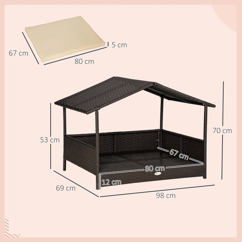 PawHut ratanová bouda pro psy s polštářem 98 x 69 x 73 cm pelíšek ve formátu domečku venkovní bouda pro psy z ocelového rámu PP kávově hnědá