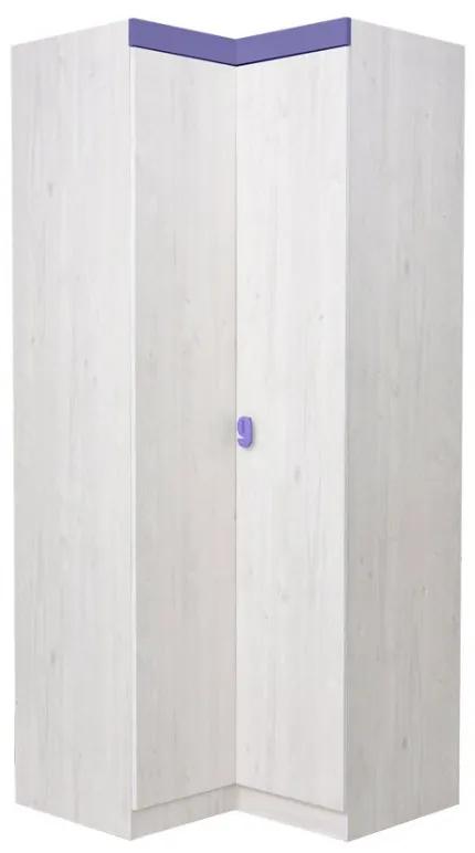 Dětská rohová skříň NUMERO - dub bílý/fialová