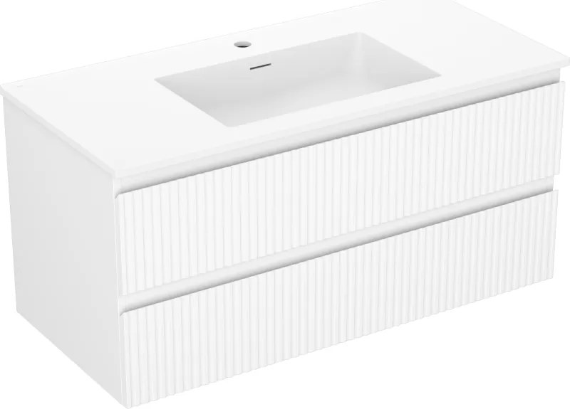 Mexen Rivel, koupelnová skříňka 100 cm s umyvadlem Otis, 2 zásuvky, drážkovaná, bílá matná, 91A20-10047-2-BFF01-W18M01