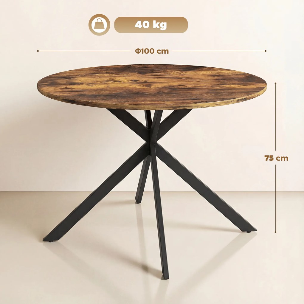 HOMCOM kulatý jídelní stůl pro 4 osoby, Ø100 cm, průmyslový styl, ocelové X-nohy, rustikální hnědá