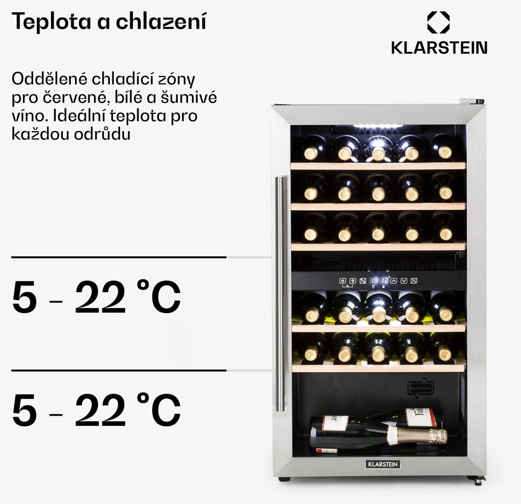Klarstein Vinamour 29D, vinotéka, 80 l/29 lahví, 2 zóny, 5-22 °C, dotykové ovládání