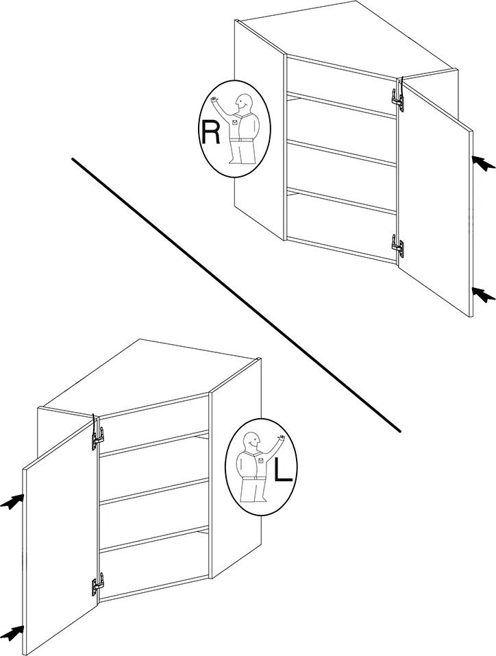 ARONA | horní skříňka 60x60 GN-108 1F (45°) rohová s policemi | EXTRA VYSOKÁ | UNI dvířka | černá/kašmír