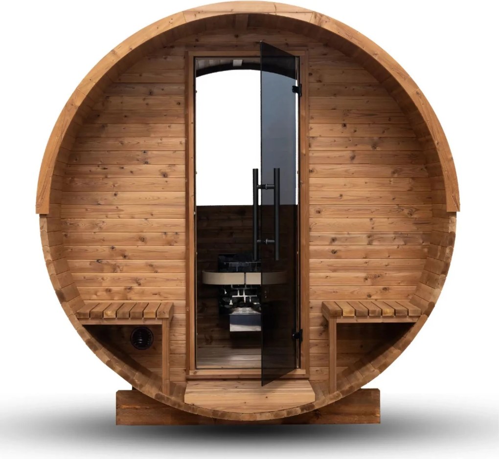 Sudová sauna Relax Thermowood 260 z dřeva na černém pozadí