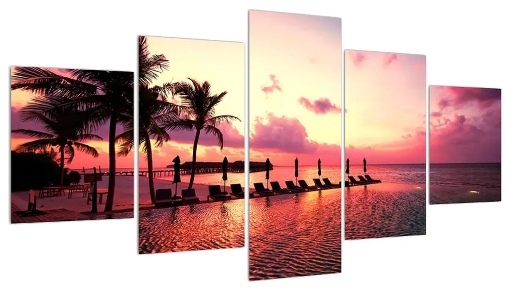 Obraz pláže s palmami a sluncem (150x80 cm)