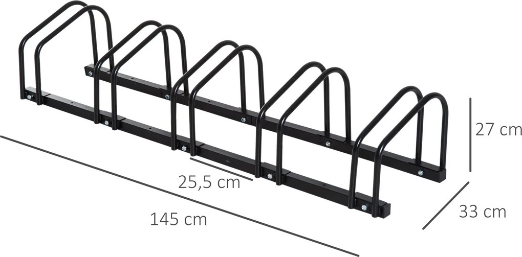 HOMCOM 5-Členný stojan na kola – skladovací stojan pro kola s pneumatikami do 65 mm, rozměry 145L x 33W x 27H cm, černá ocel | Aosom