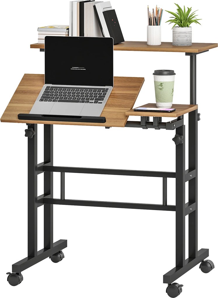 HOMCOM sedací‑stojací stůl 70 x 60 cm – výškově nastavitelný, s kolečky a naklápěcí deskou stolu, hnědý