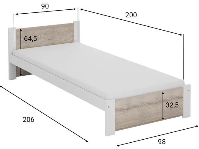 Postel IKAROS 90 x 200 cm, bílá/dub sonoma Rošt: S laťkovým roštem, Matrace: Matrace Coco Maxi 20 cm
