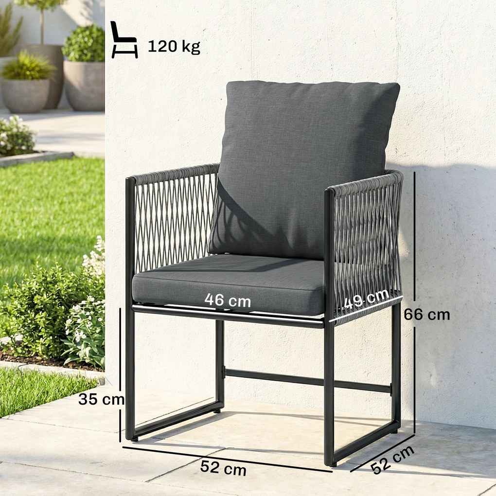 Outsunny 2dílná sada venkovních židlí odolných proti povětrnosti — ocelový rám, PE ratan, polštáře, područky a opěrky, nosnost až 120 kg, tmavě šedá