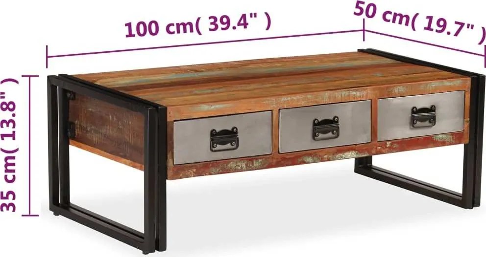vidaXL Konferenční stolek se 3 zásuvkami recyklované dřevo 100x50x35cm [244941]