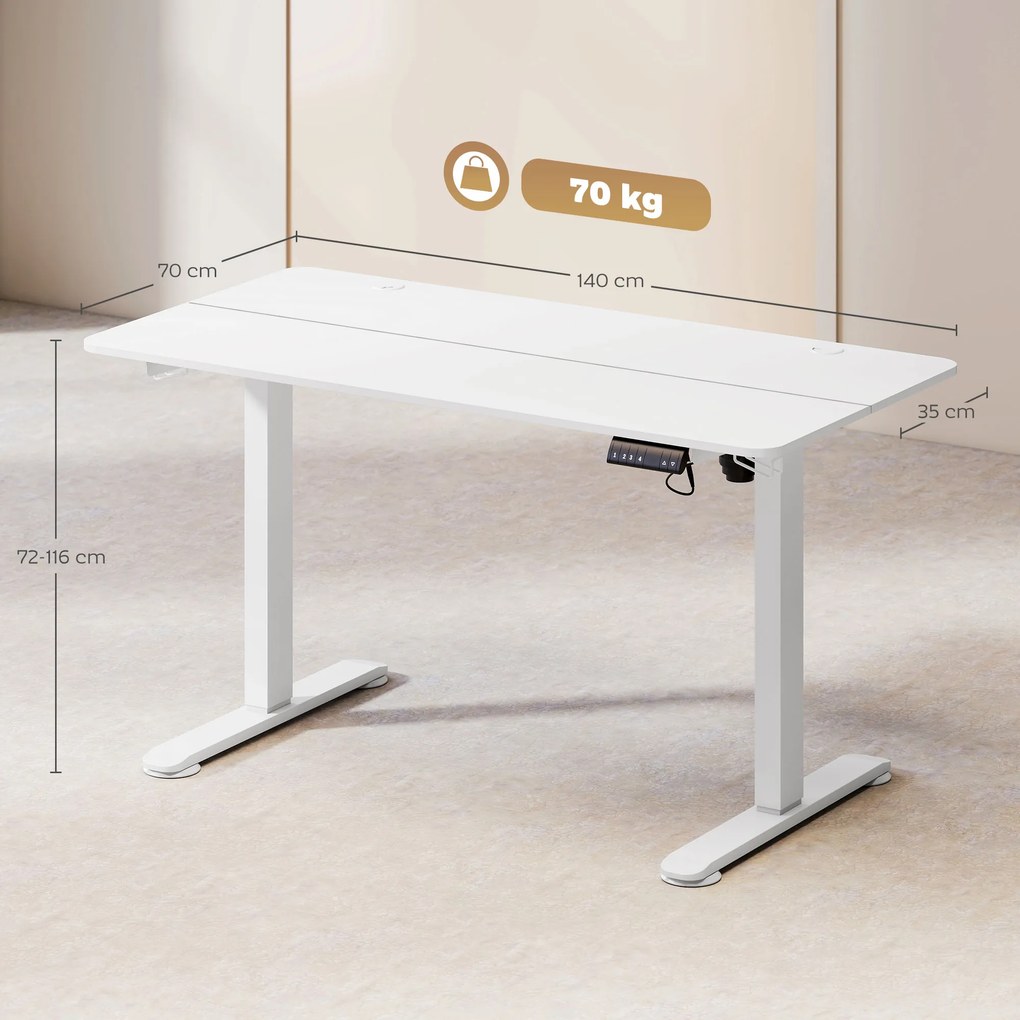 Vinsetto Výškově nastavitelný stůl 140x70cm Elektrický počítačový stůl 4 Paměť Ergonomické sedadlo Stojící stůl Háček proti kolizi Bílý