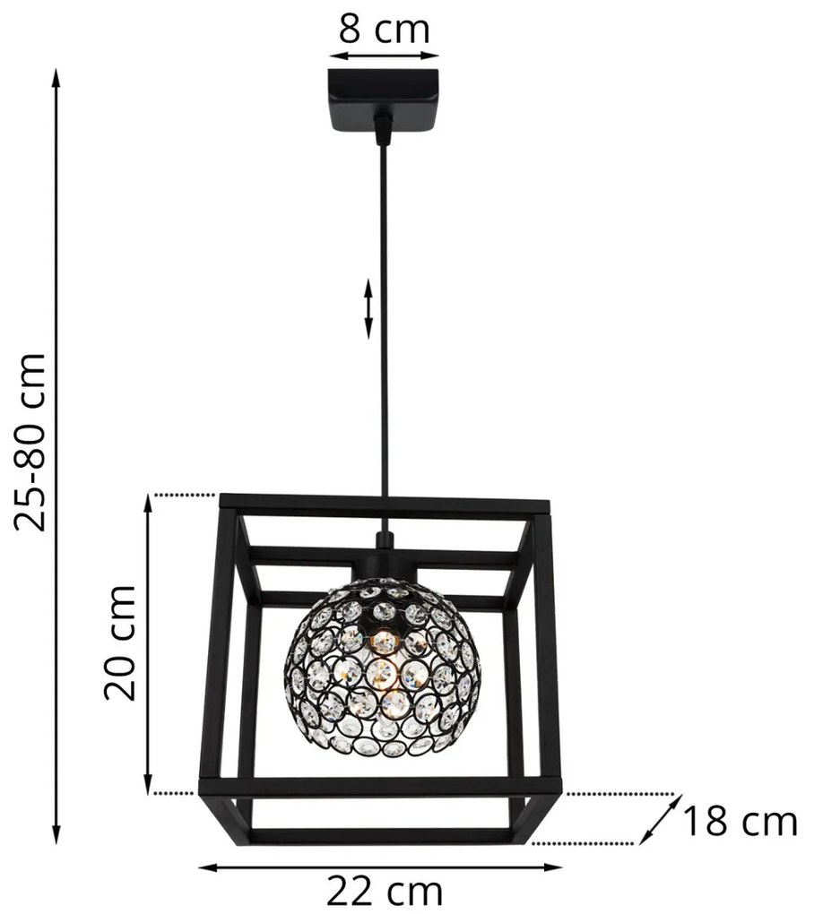 Závěsné svítidlo CRYSTAL CAGE, 1x černé křišťálové stínítko v kovovém rámu