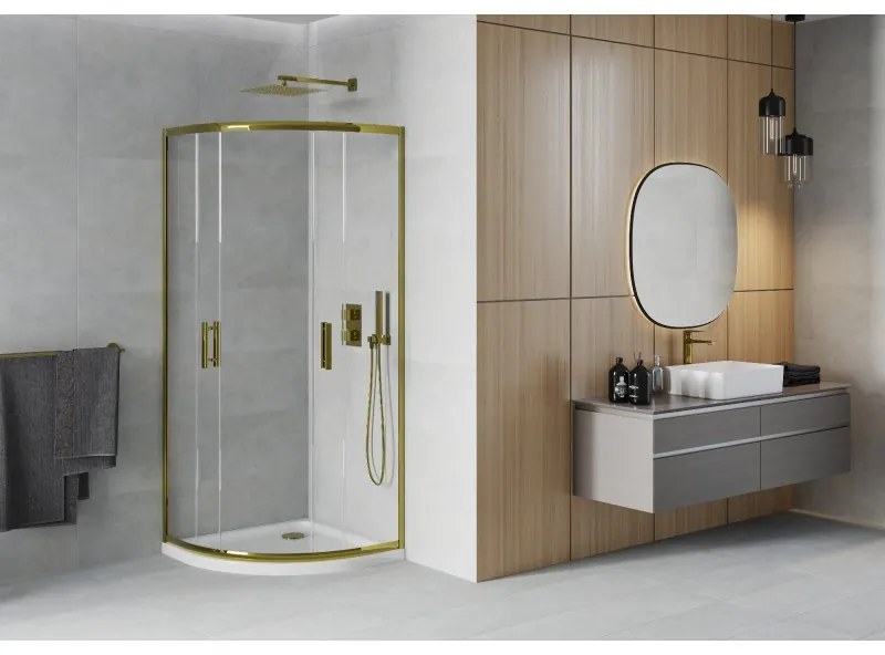 Mexen Rio půlkruhový sprchový kout 90 x 90 cm, Průhledné, Zlatá + sprchová vanička Flat, Bílá - 863-090-090-50-00-4110G