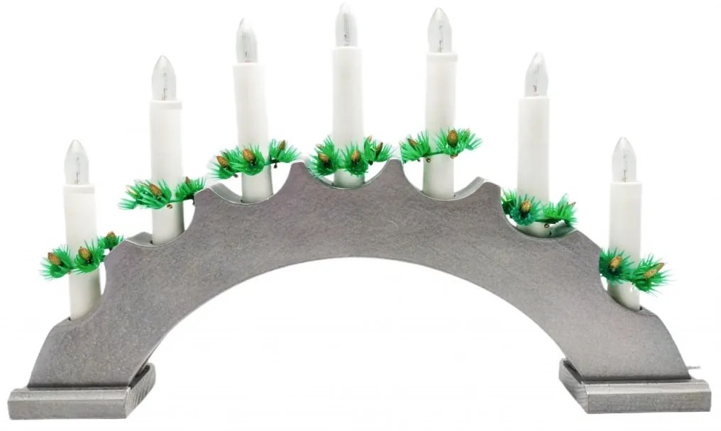 Vánoční dřevěný svícen, stříbrné dřevo, 7 svíček, teplá bílá, na baterie