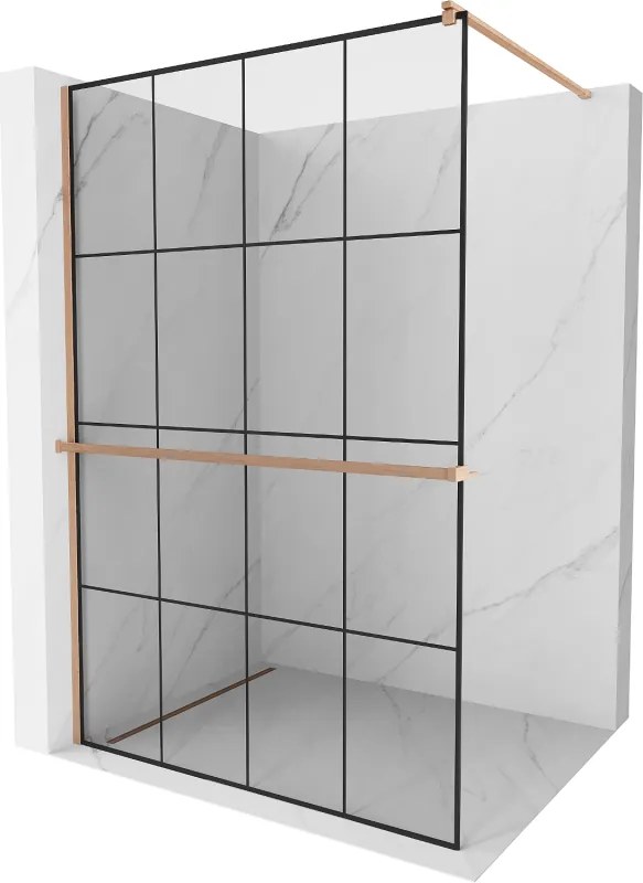 Mexen Kioto+, sprchová zástěna Walk-In s poličkou a věšákem 130 x 200 cm, 8mm čiré sklo černý vzor, měděný matný profil, 800-130-121-65-77
