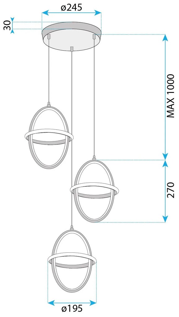 Toolight Toolight, LED závěsné svítidlo 3x 20x28cm, 60W, 4000K, 4200lm, G064-3CPR, zlatá lesklá, OSW-08696