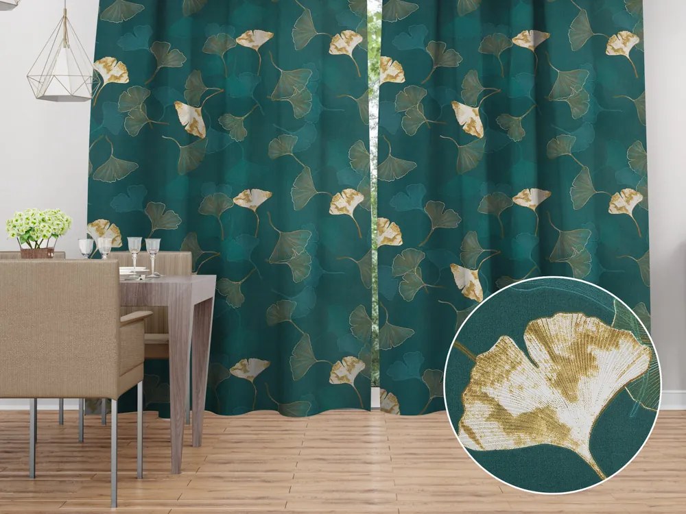 Biante Bavlněný závěs Sandra SA-428 Ginkgo listy na petrolejovém 140x230 cm