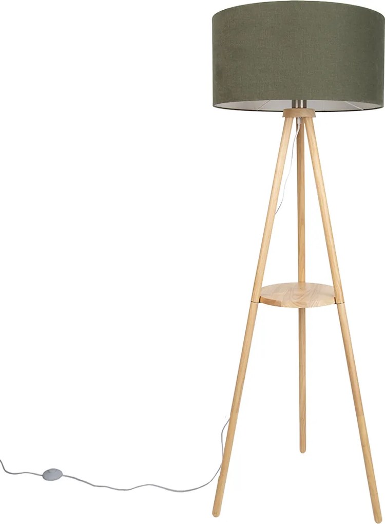 Dřevěná stojací lampa s trojnožkou a zeleným stínidlem 50 cm - Lou