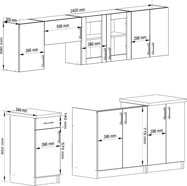 Kuchyňská linka LIMA s vitrínou 2.4 m bílá / dub sonoma