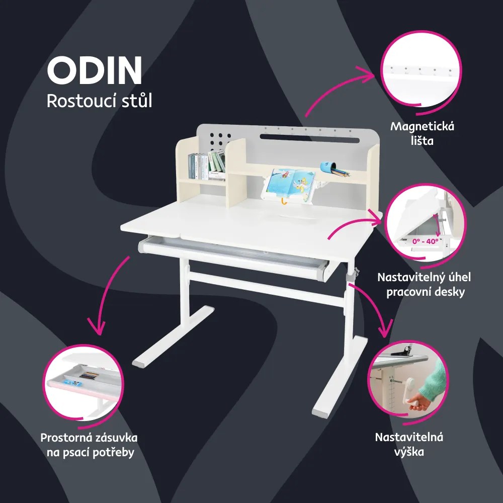Rostoucí psací stůl, šedá/bílá, ODIN